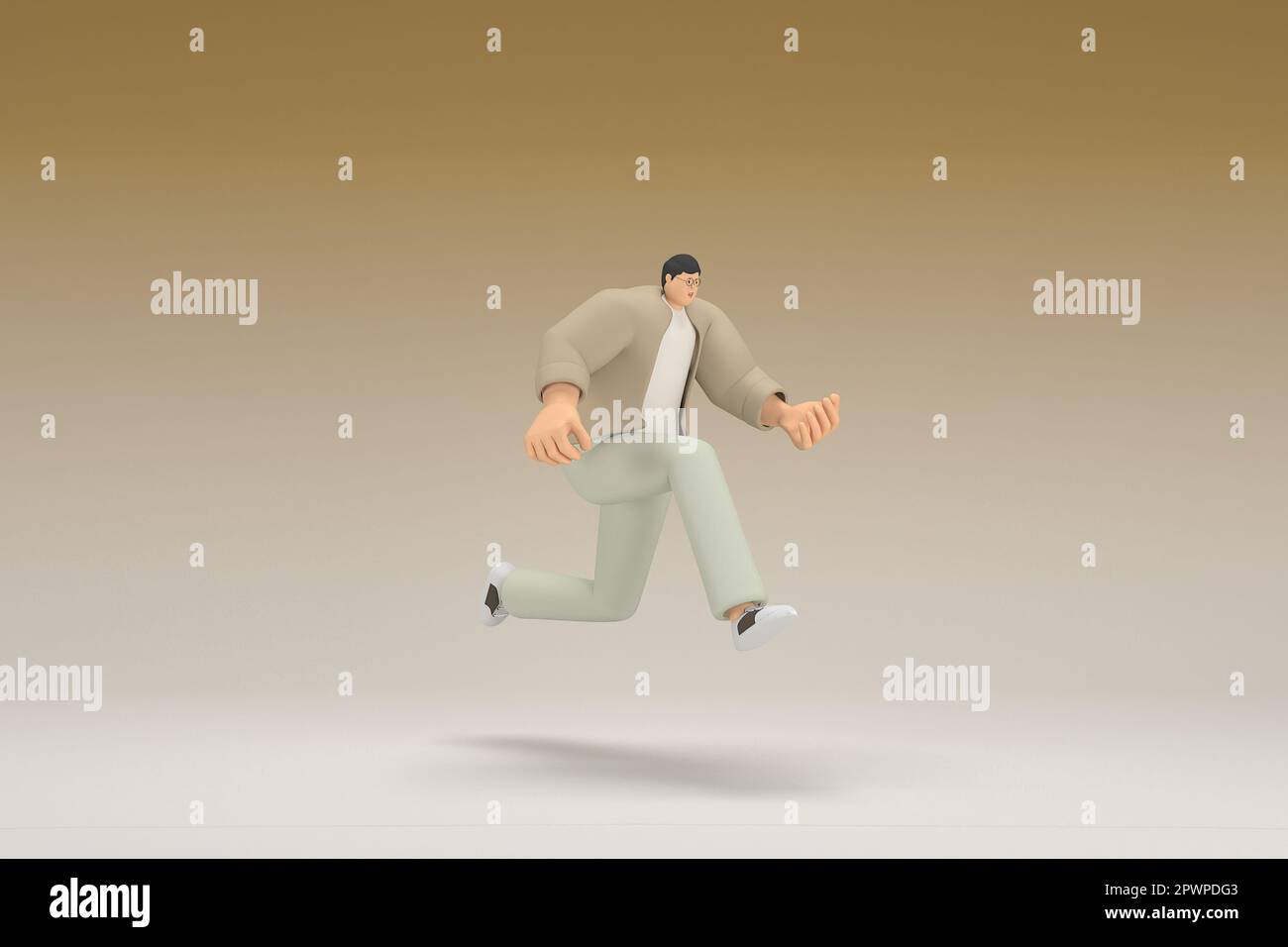 A man with glasses wearing brown cloth is running. 3d rendering of ...