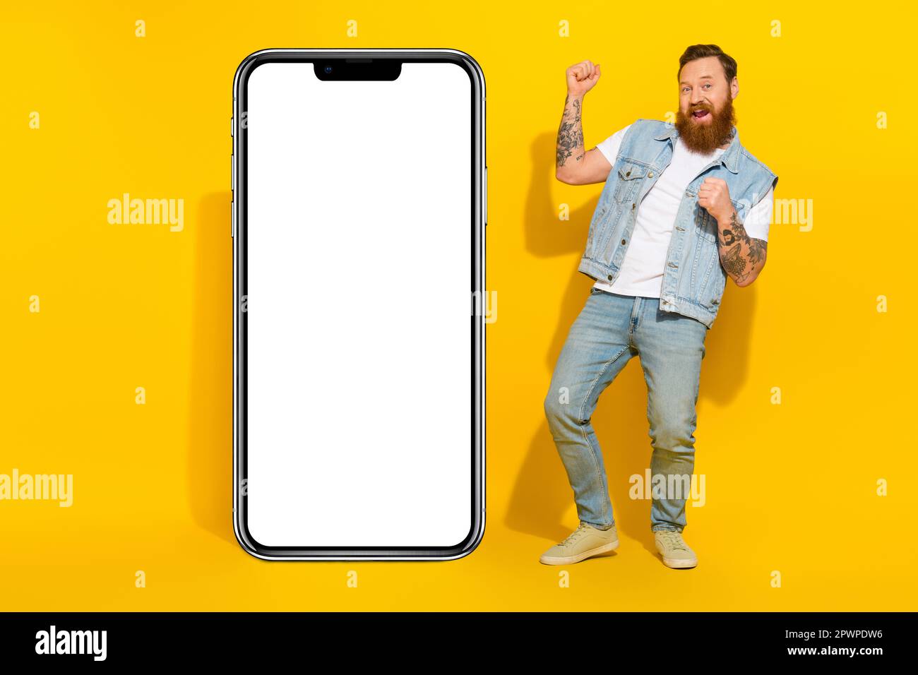 Full size photo of delighted person raise fists celebrate empty space ...