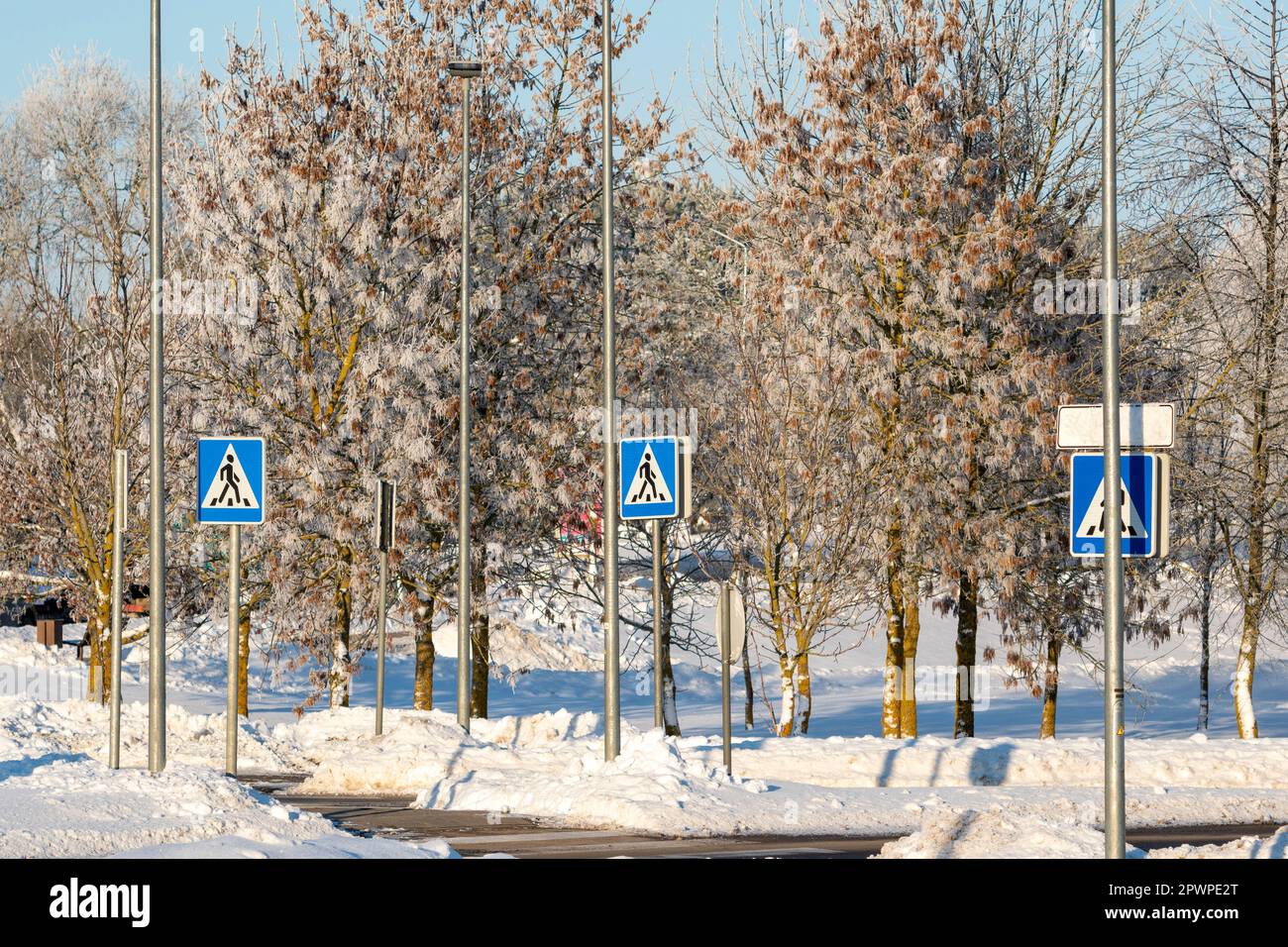 The image of a pedestrian crosswalks during winter season. Intersection ...