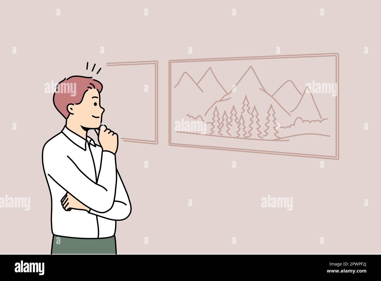 Happy young man look at paintings in museum. Smiling guy stare at ...