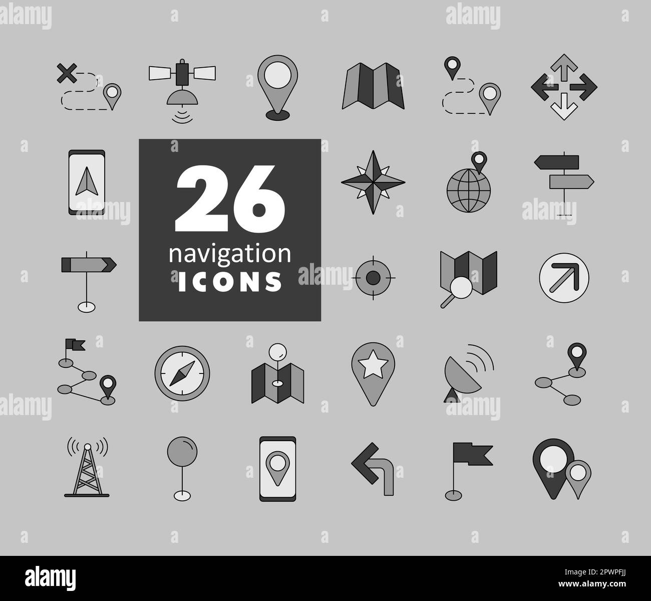 Maps, location, navigation vector isolated grayscale icons set. Graph ...