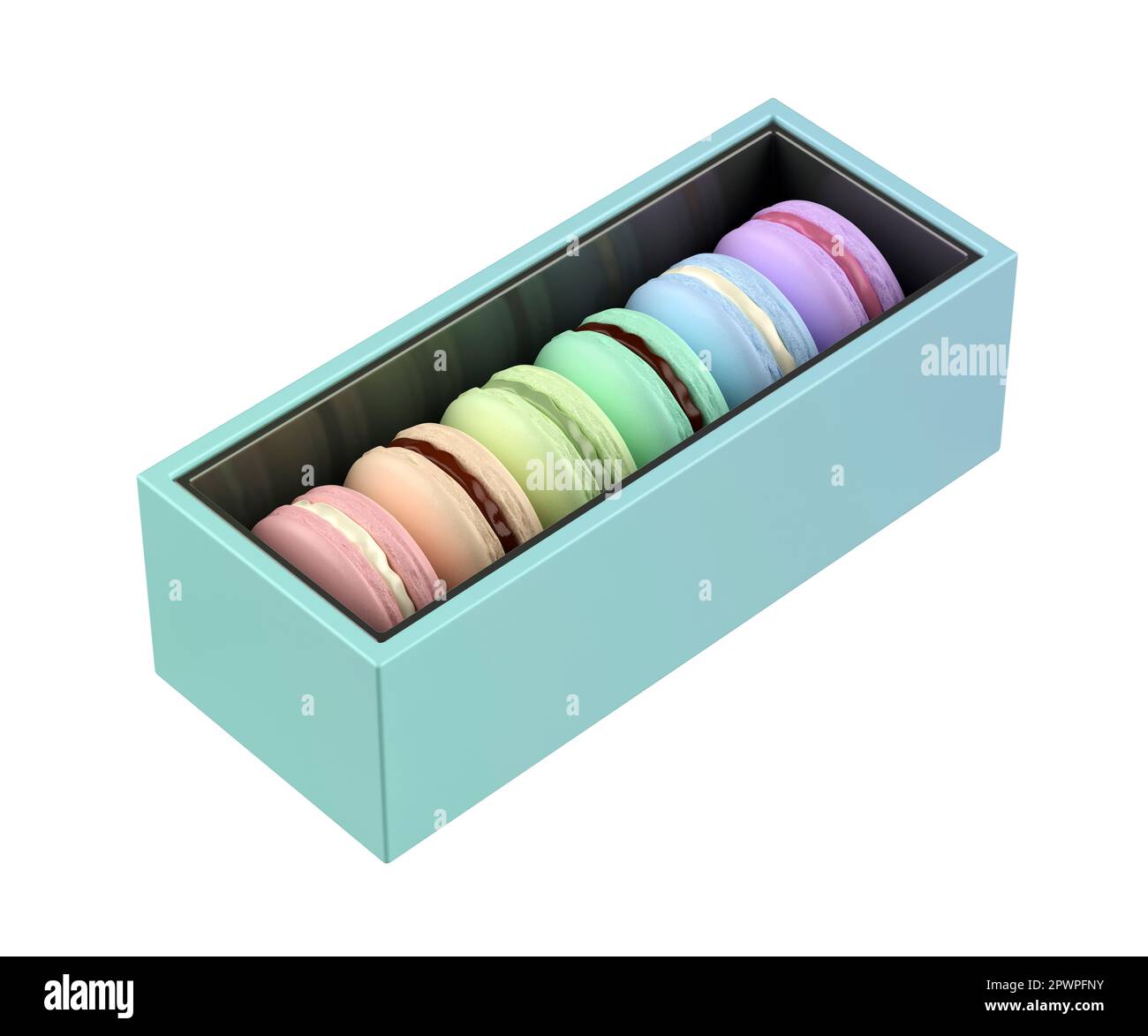 Box with six french macarons with different colors and flavors on white ...