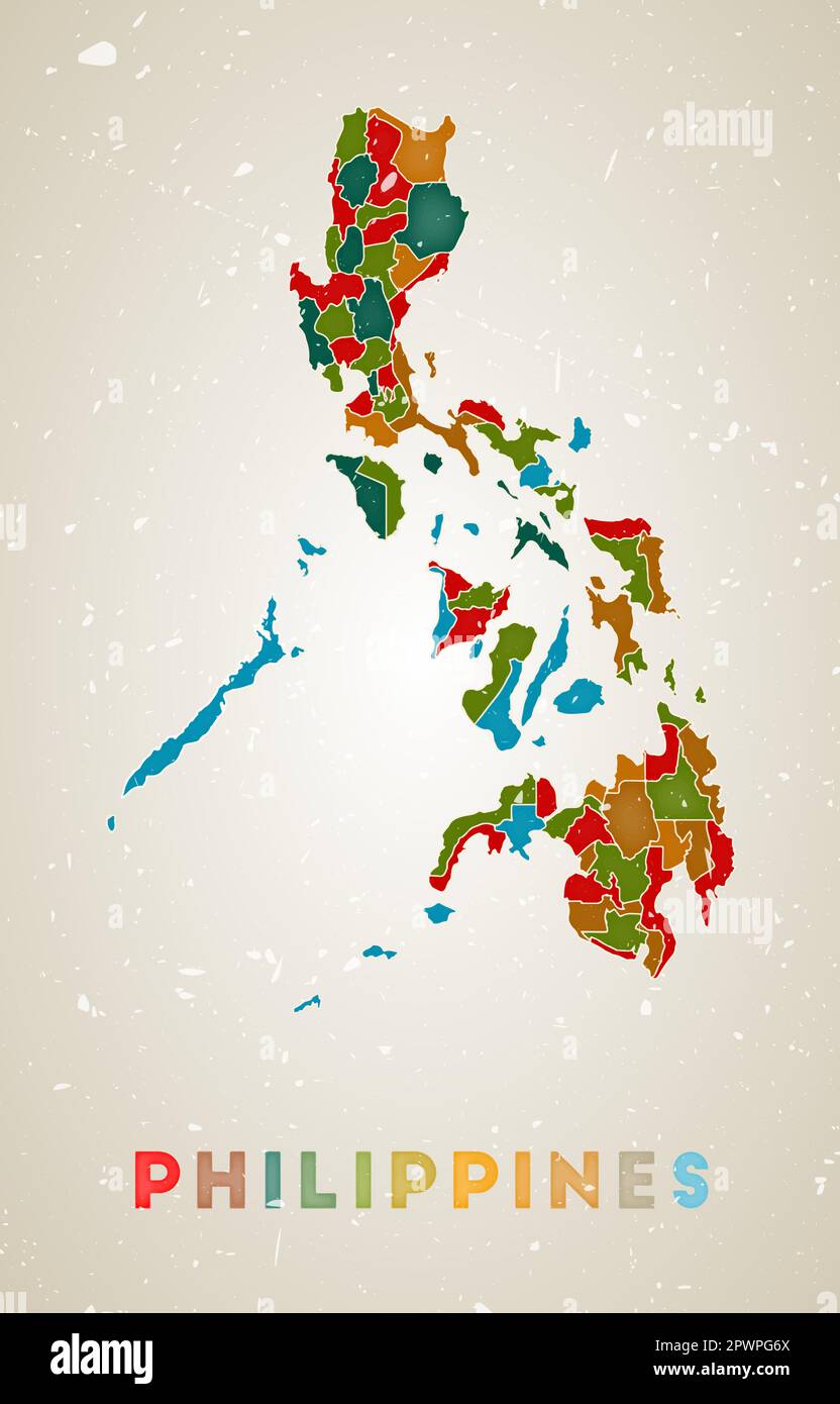 Philippines map. Country poster with colored regions. Old grunge ...