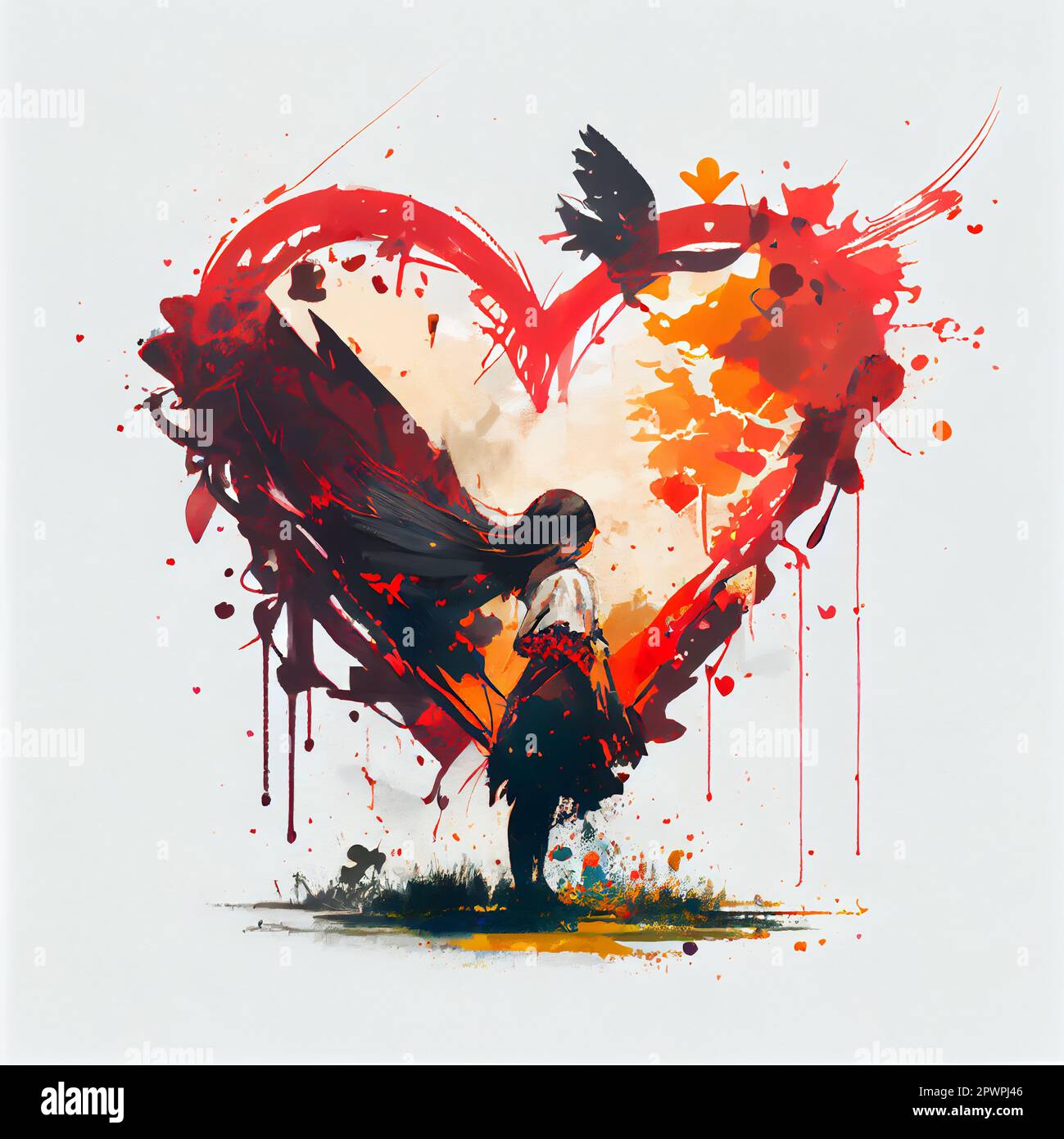 Anime girl with long hair with heart shape composition, illustration ...