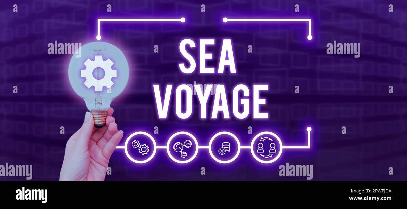 Conceptual caption Sea Voyage, Word Written on riding on boat through ...