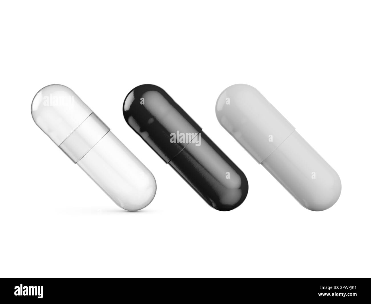 Two-piece hard starch capsules pills isolated on white background. Set ...