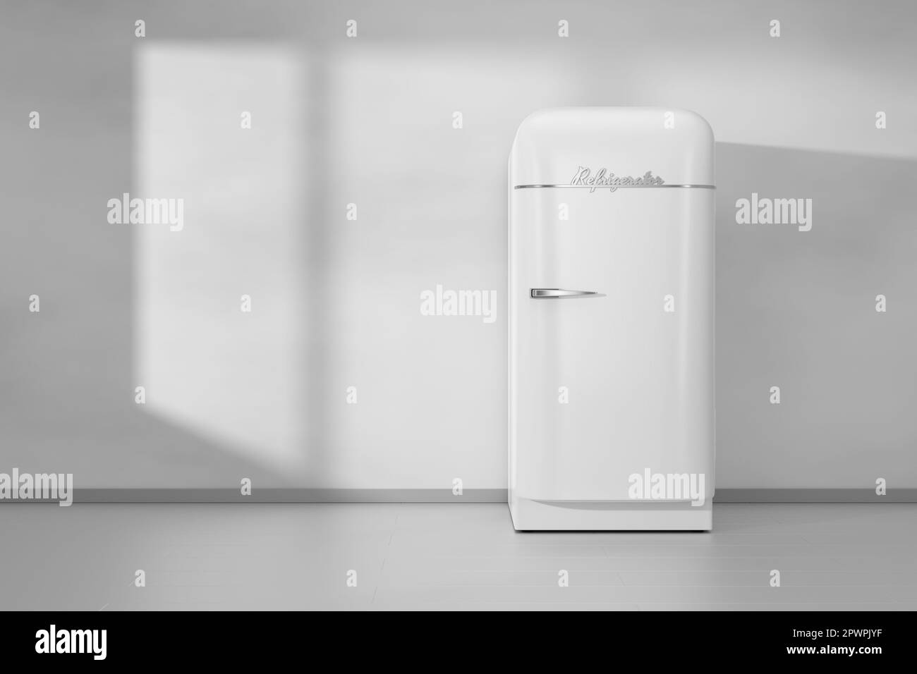 Fridge in gray minimalistic kitchen interior only with floor wall and ...