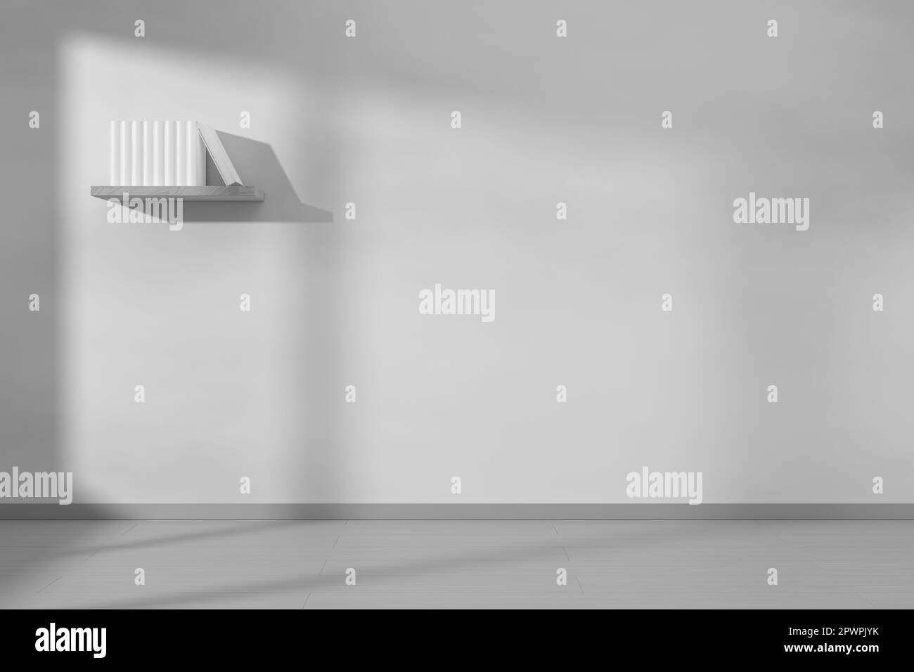 Books on the bookshelf in empty minimalistic room interior. 3D ...