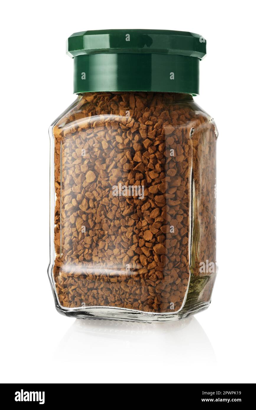 Jar of instant coffee without label isolated on white background. Front ...