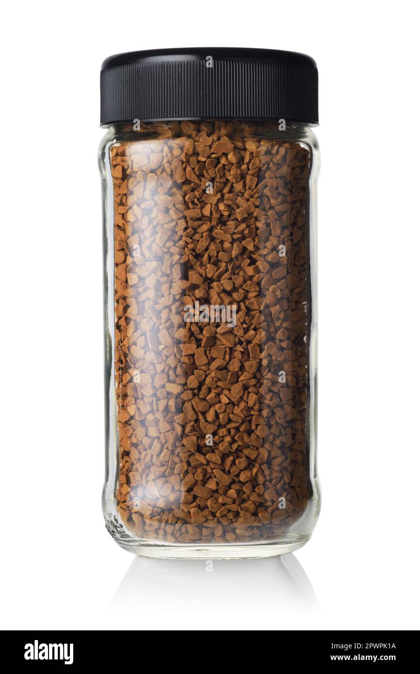 Jar of instant coffee without label isolated on white background. Front ...