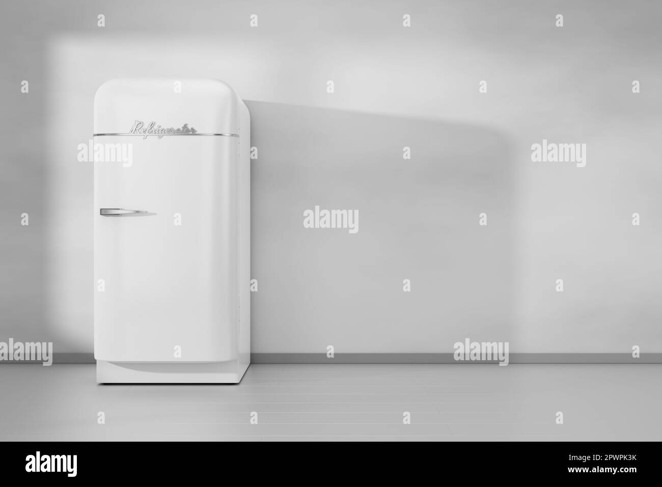 Fridge in gray minimalistic kitchen interior only with floor wall and ...