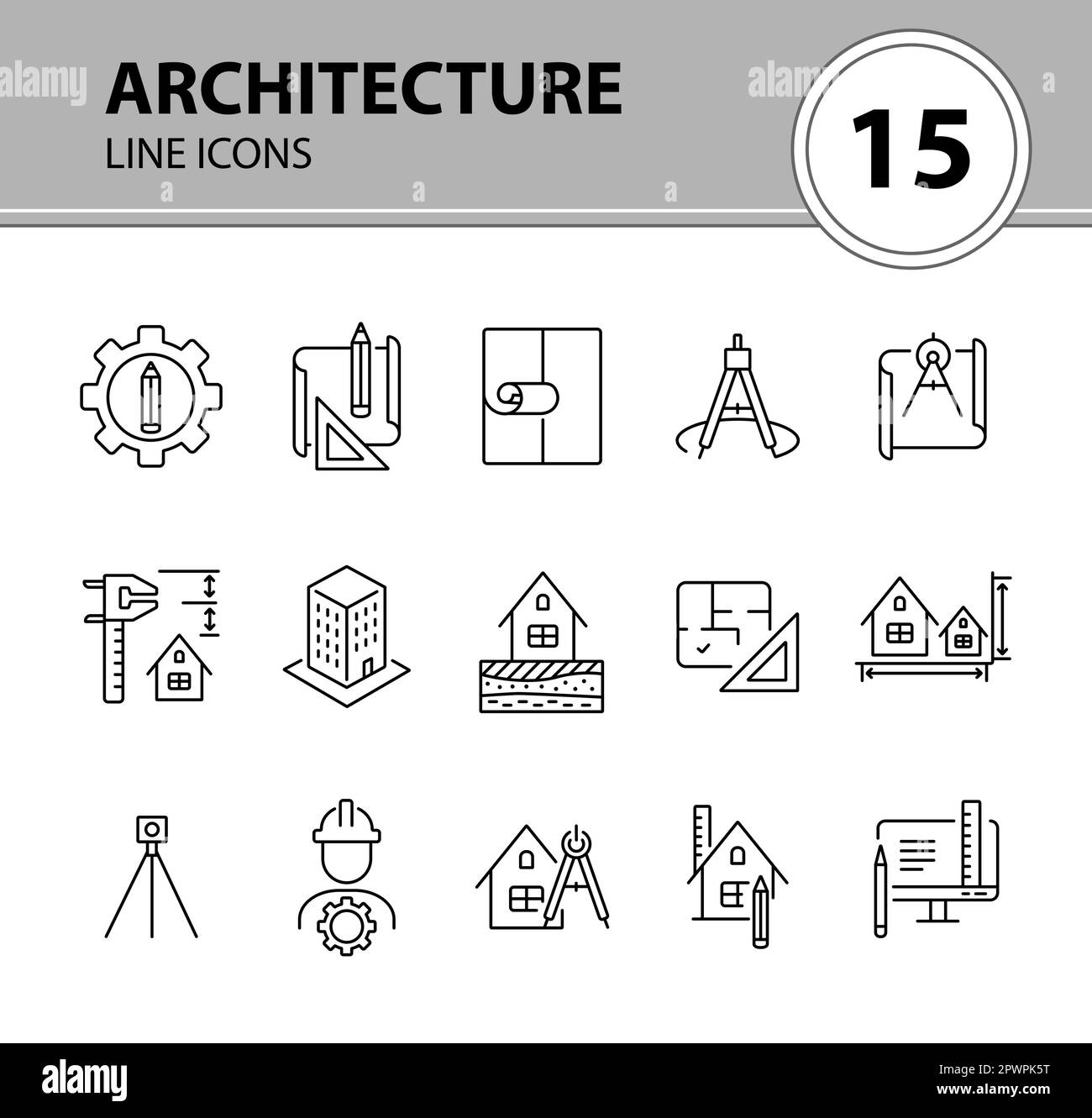 Architecture line icon set. Pencil, ruler, floor plan Stock Vector ...