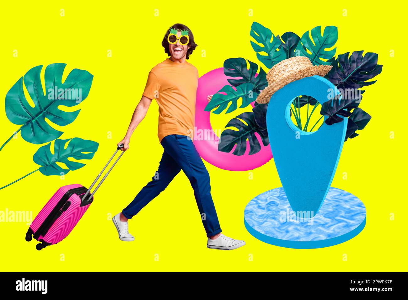 Artwork collage picture of funky funny guy travelling resort vacation ...