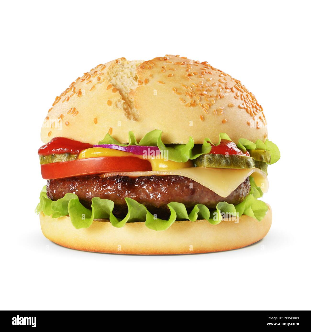 Cheeseburger with beef patty, pickles, cheese, tomato, onion, lettuce ...