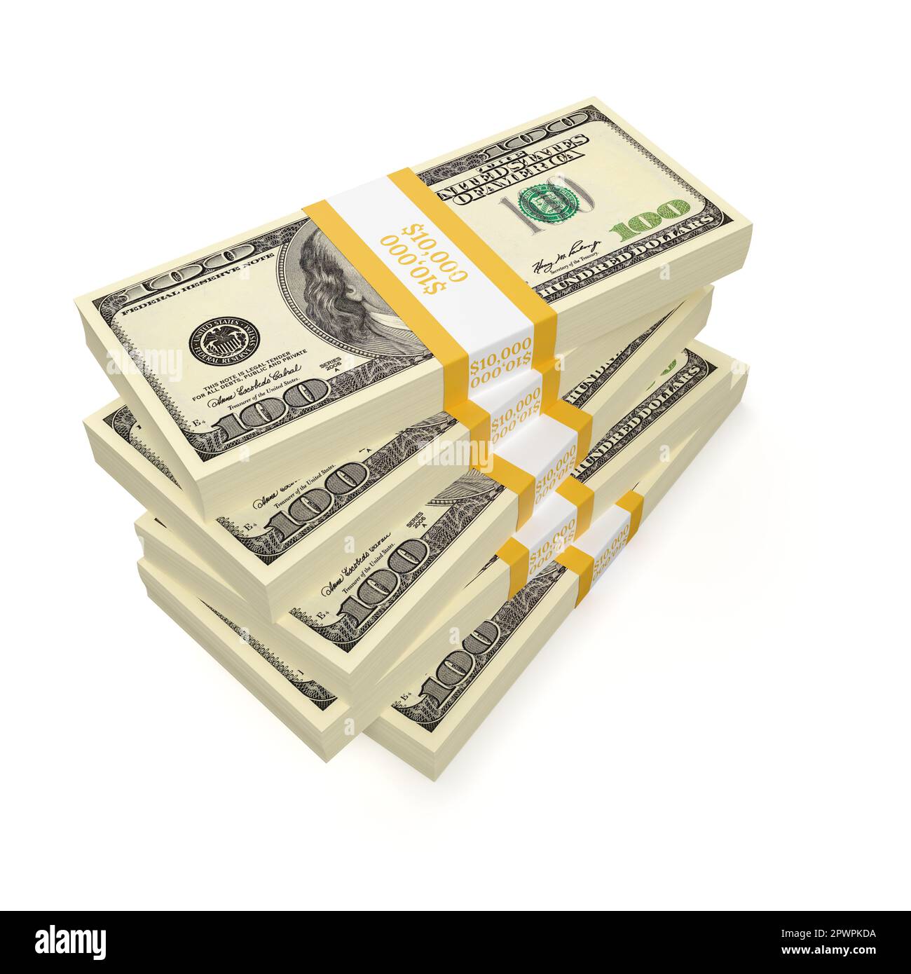 Five bundles of US 100 dollars banknotes isolated on white background ...