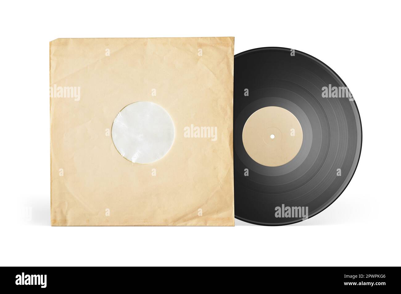 Aged yellow paper sleeve and vinyl LP record isolated on white ...