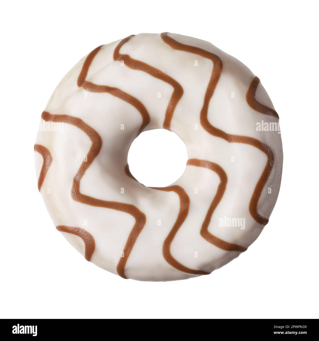 White donut with brown strips isolated on white background. Top wiew ...
