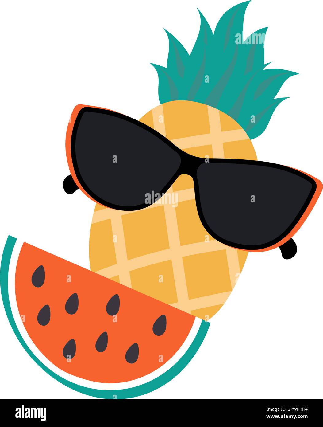 Summer set of watermelon slice and pineapple in dark sunglasses in ...