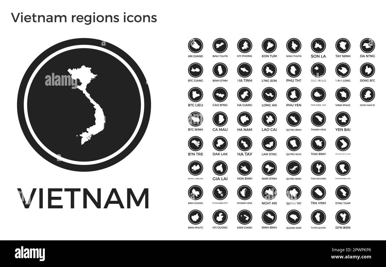Vietnam regions icons. Black round logos with country regions maps and ...
