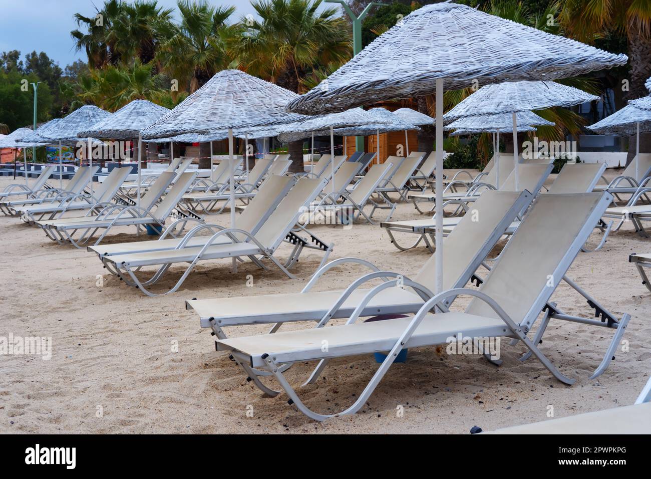 Empty seabeds at sandy beach with bambu umbrellas. Hills and trees at ...