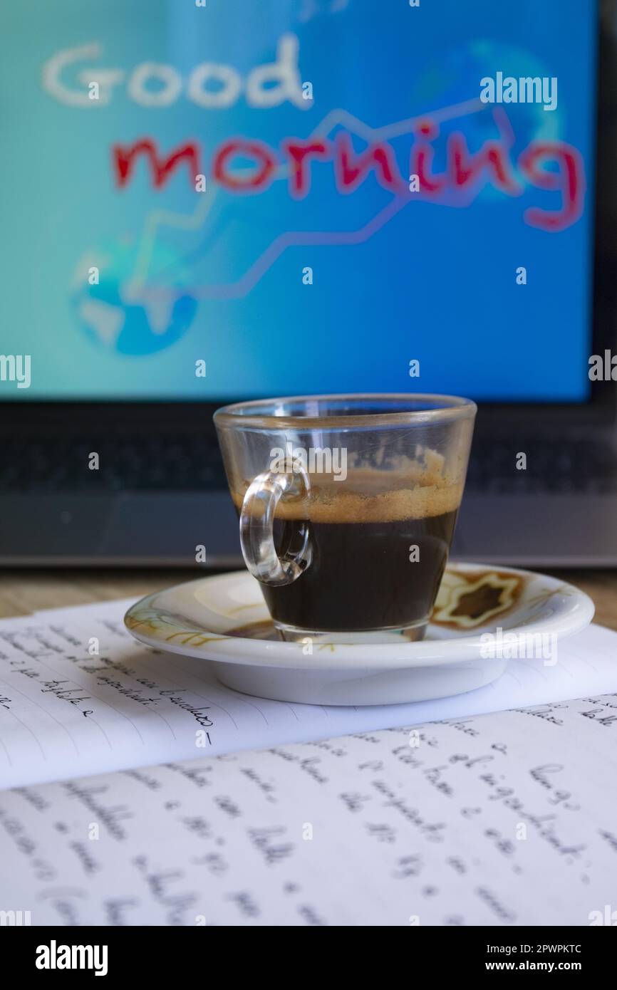 concept of waking up and good morning wish with cup of coffee Stock ...