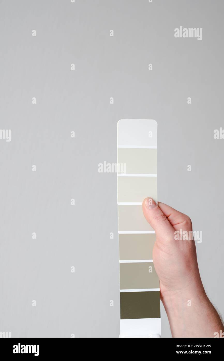A man's hand holding off white color palette on a gray wall background ...