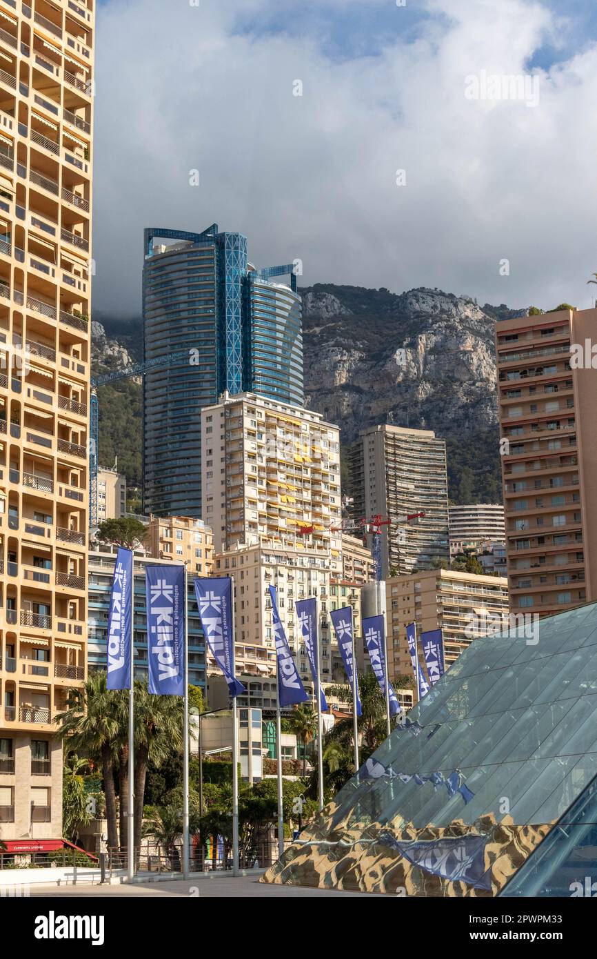 Larvotto, Monaco, April 21st 2023:- A view of the Grimaldi Forum ...