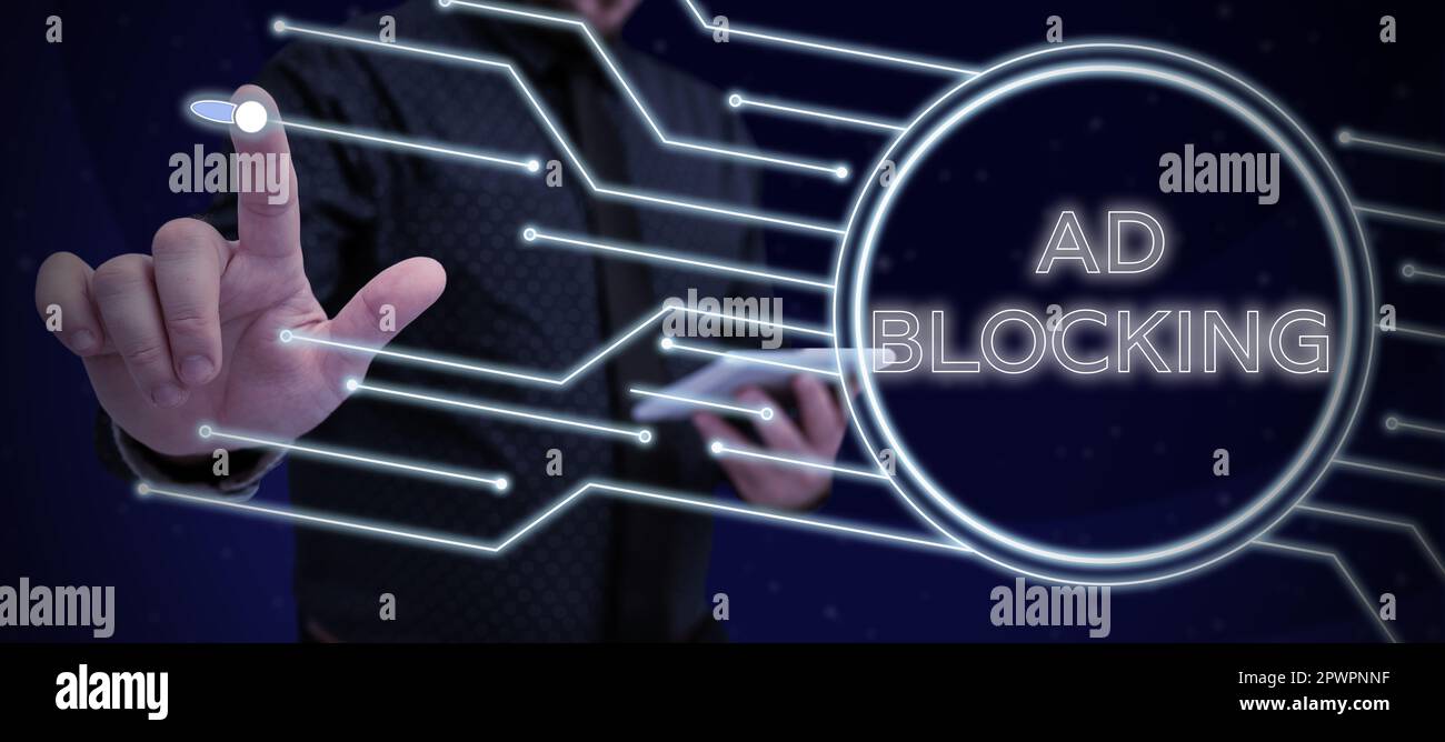 Conceptual caption Ad Blocking, Word for program that will remove different kinds of advertising ...