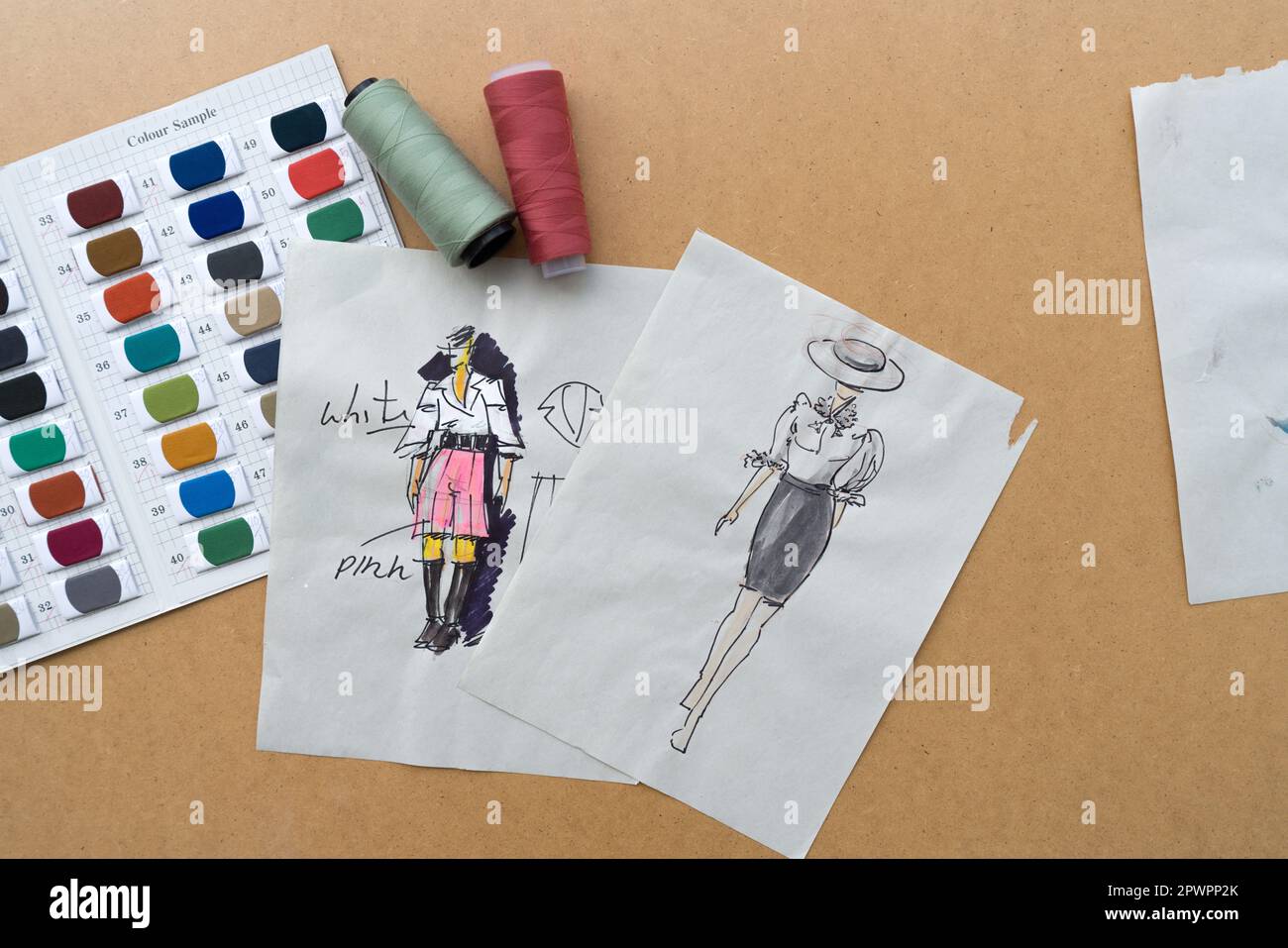 Fashion designer room. Pattern for cloth, color sample catalog and ...