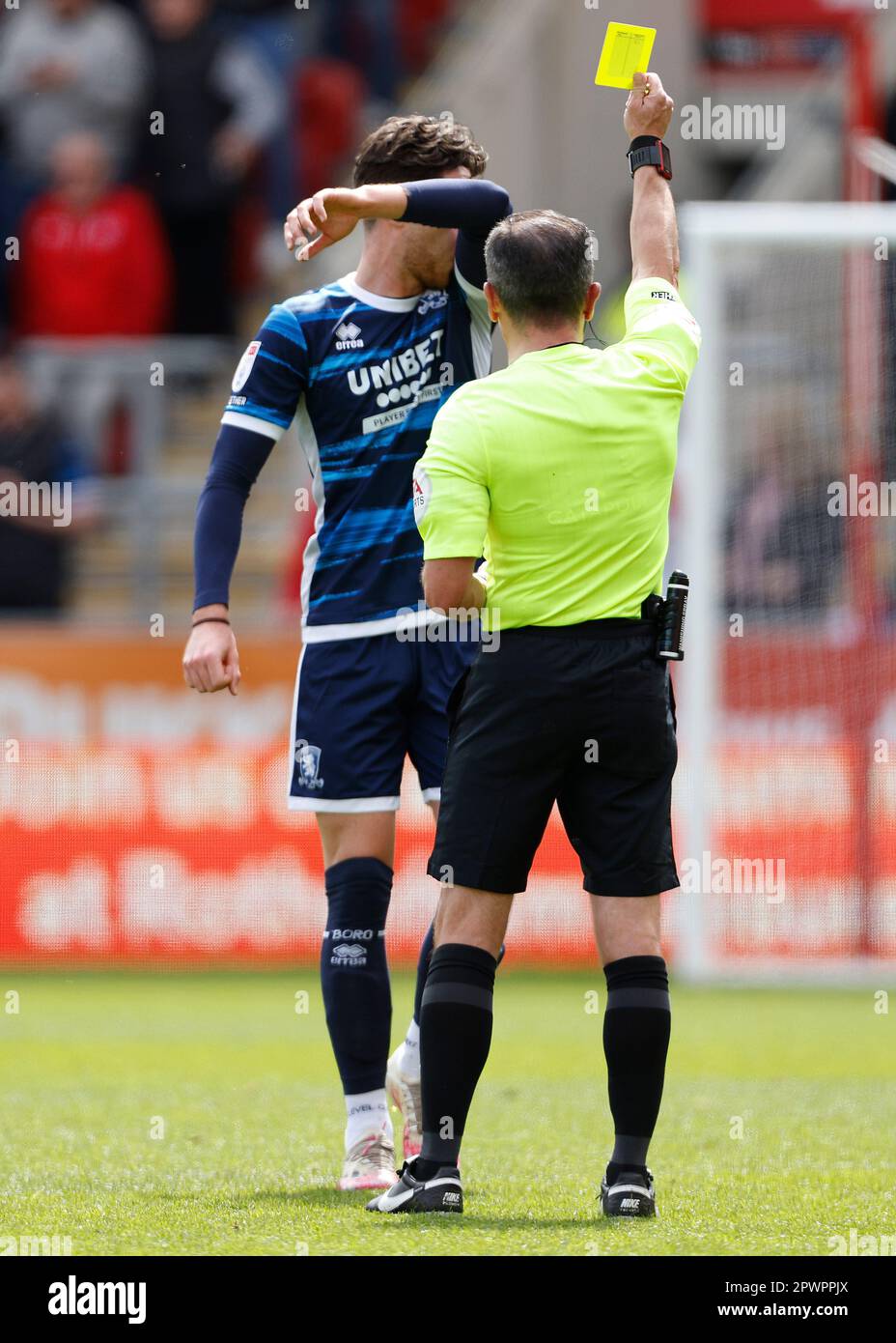 Middlesbrough’s Hayden Hackney is shown a yellow card during the Sky ...