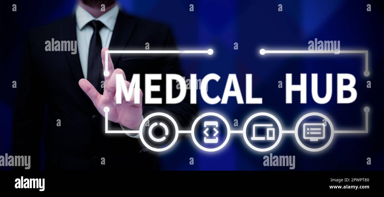 Conceptual caption Medical Hub, Word Written on Common connection point ...
