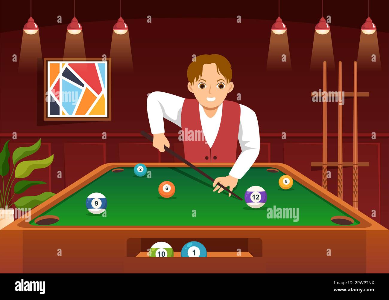 Billiards Game Illustration with Player Pool Room with Stick, Table and ...