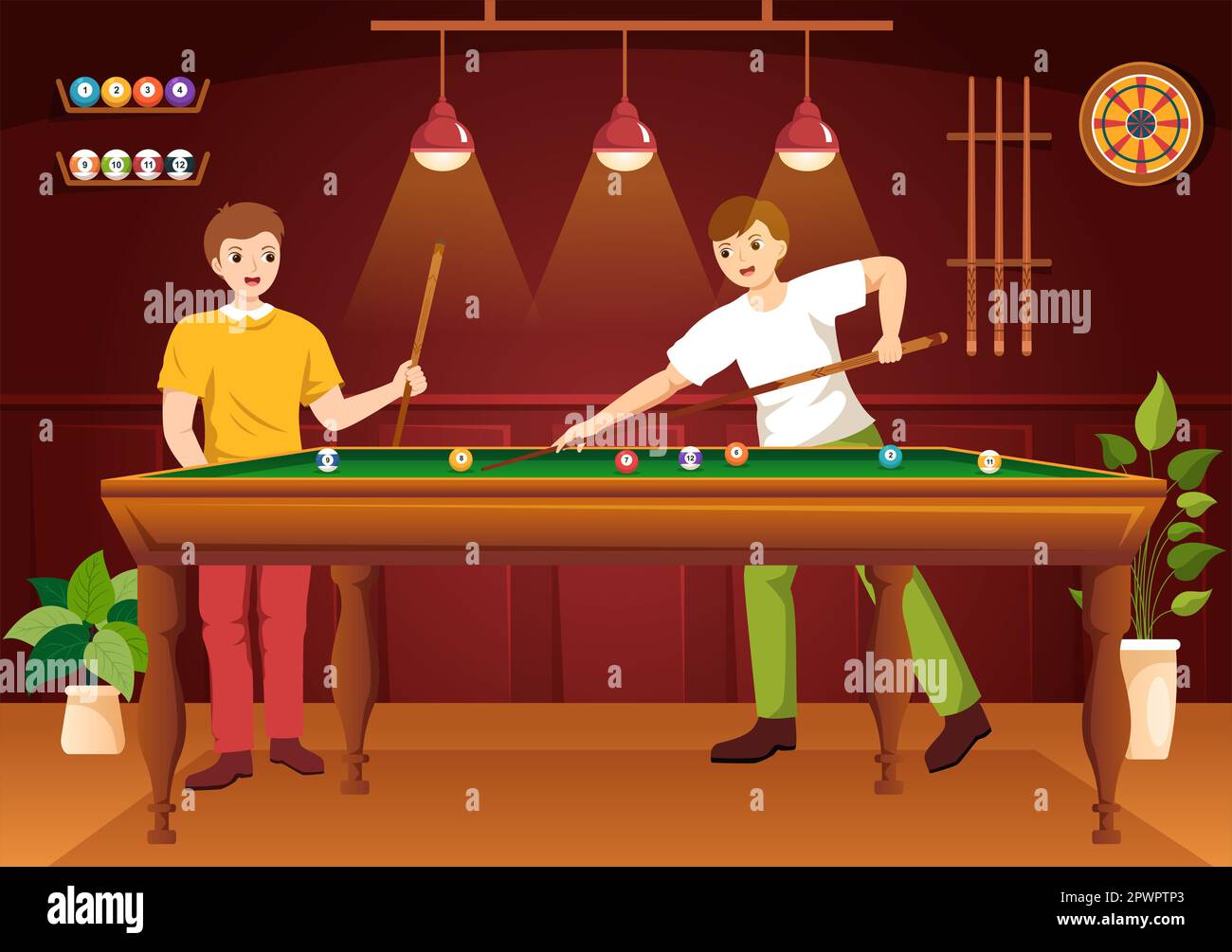 Billiards Game Illustration with Player Pool Room with Stick, Table and ...