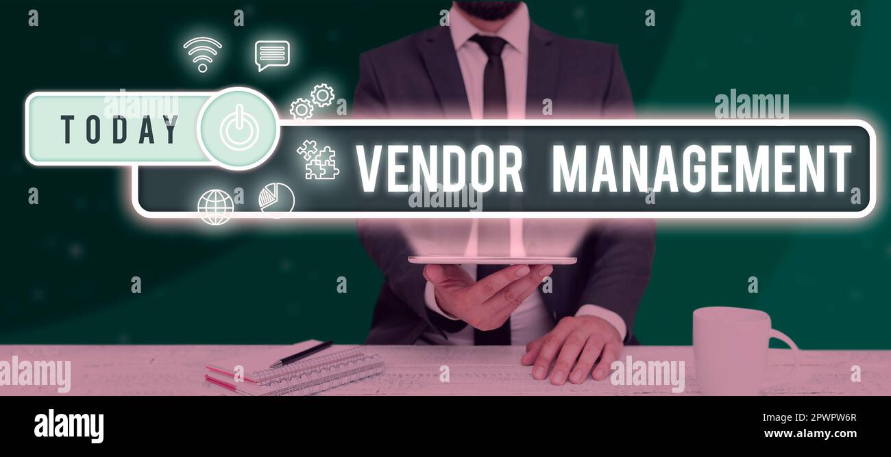 Hand writing sign Vendor Management, Word for activities included in ...