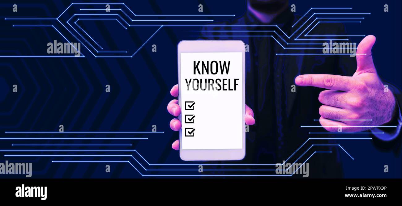 Hand writing sign Know Yourself, Concept meaning Find You Understanding ...