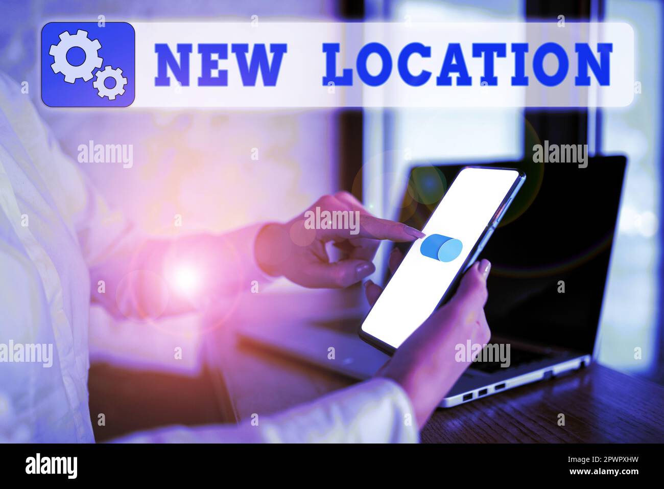 Hand writing sign New Location, Internet Concept Get located on a new ...