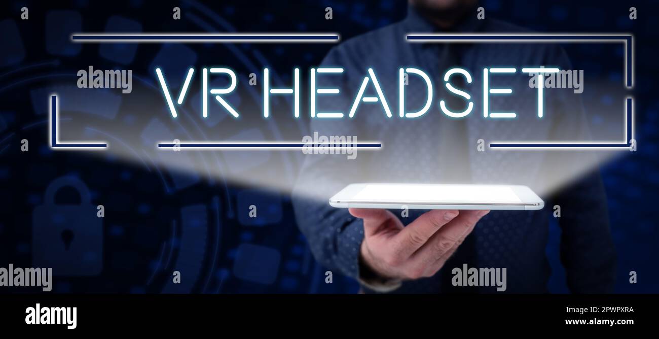 Text caption presenting Vr Headset, Word Written on head-mounted device ...