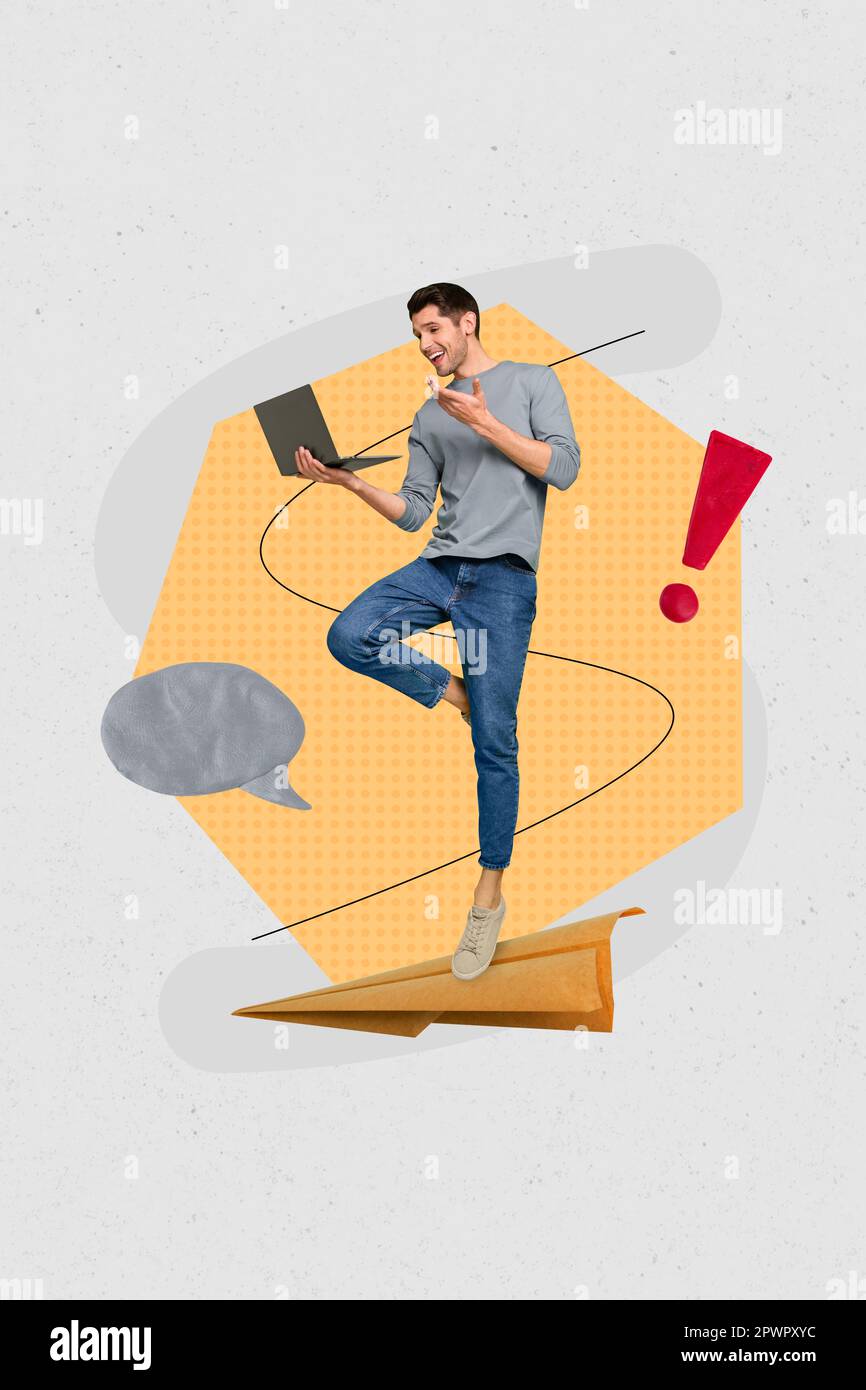 Vertical collage of young man laptop conference attention presentation ...