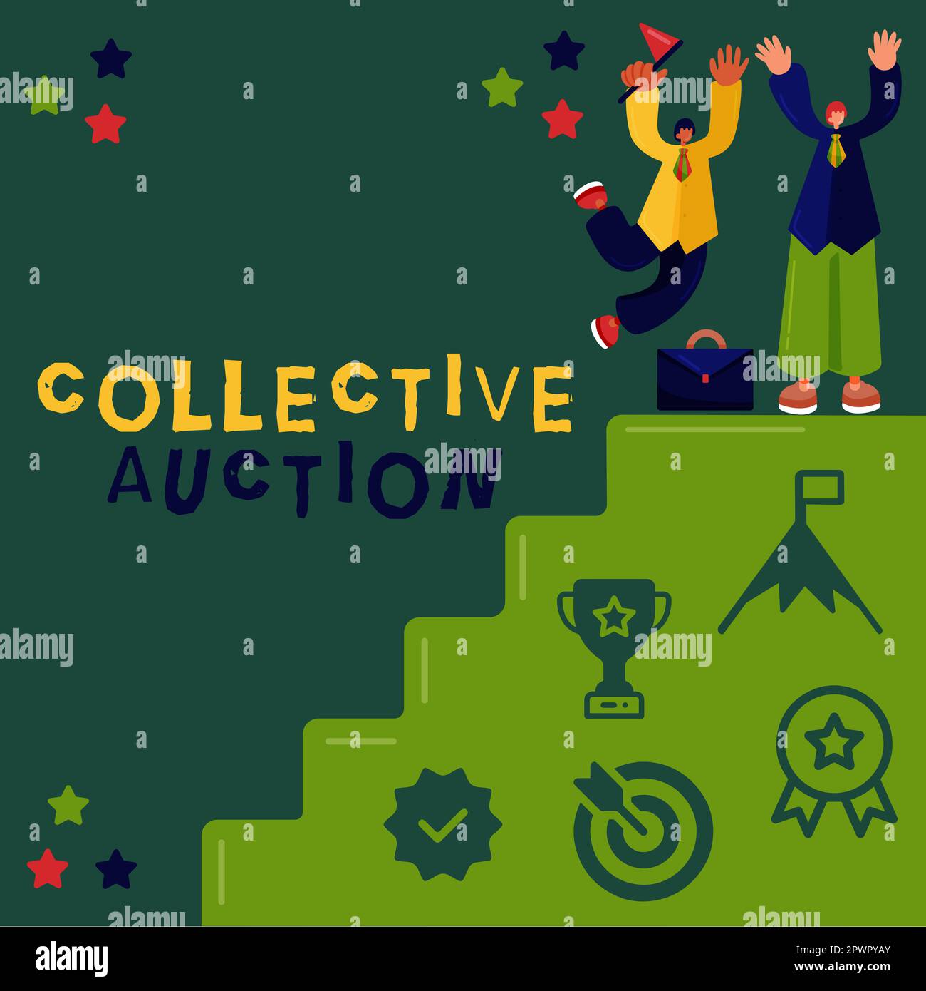 Text caption presenting Collective Auction, Conceptual photo Gathering ...