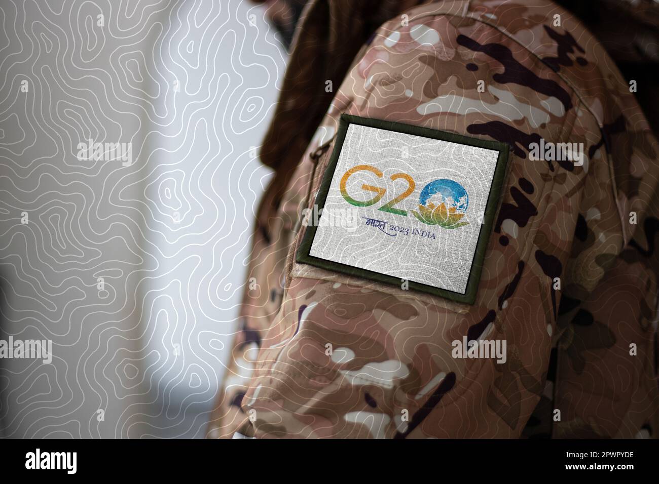 Group of Twenty Soldier. Soldier with flag G20, Group of Twenty flag on ...