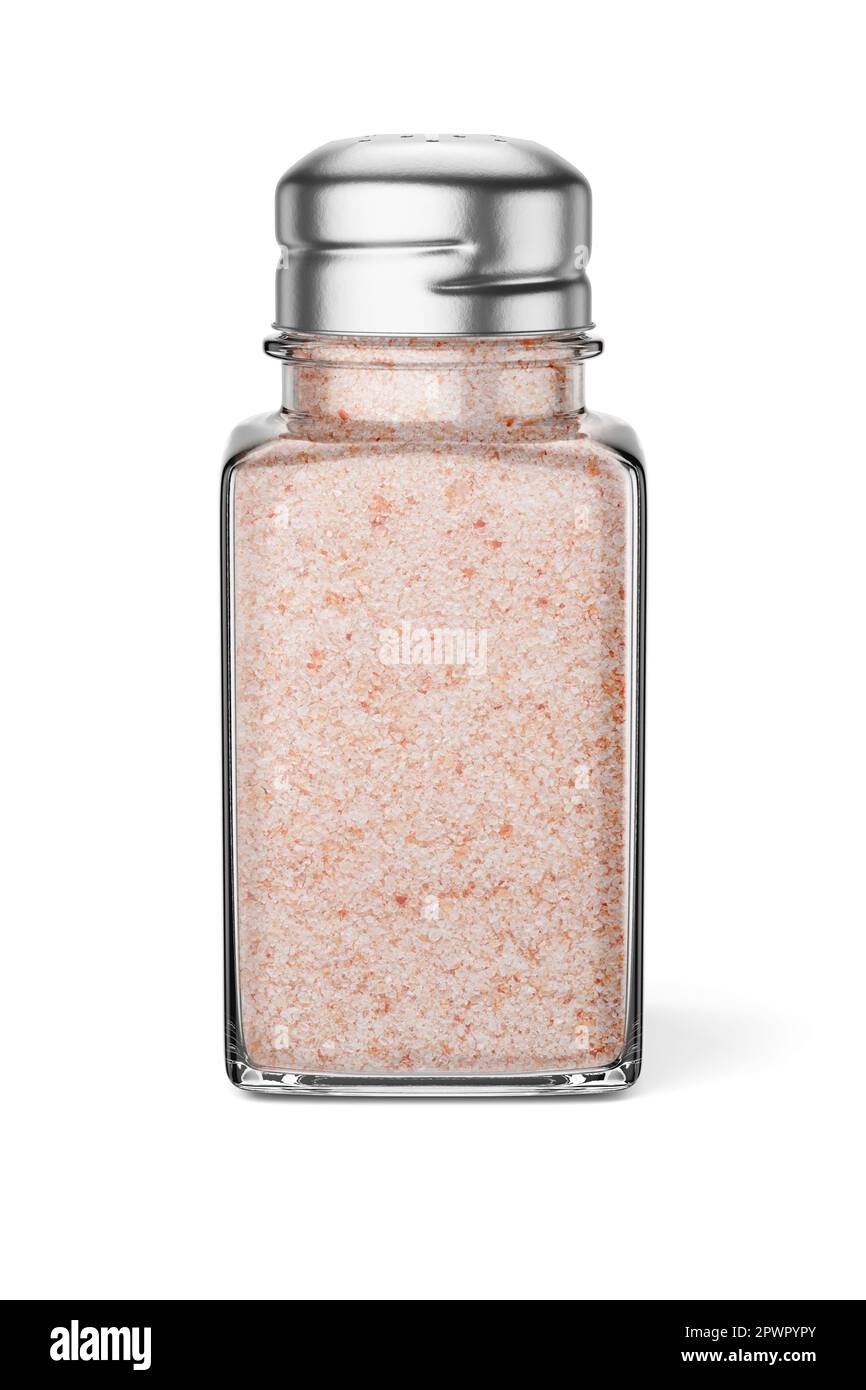 Transparent shaker with pink himalayan salt isolated on white ...