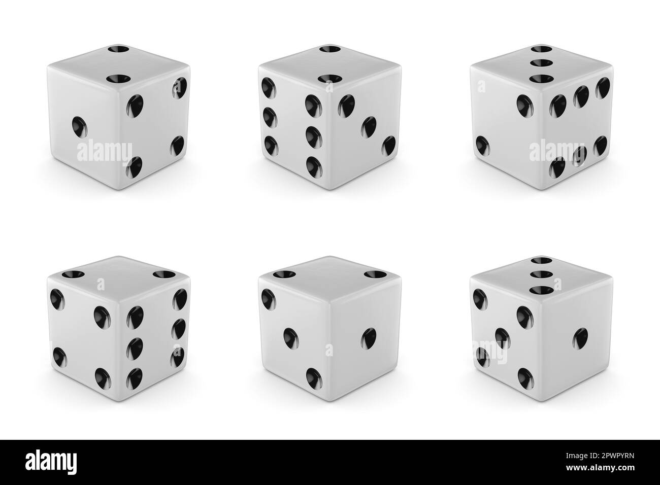 Set of six white dice with black dots different numbers. 3d rendering ...