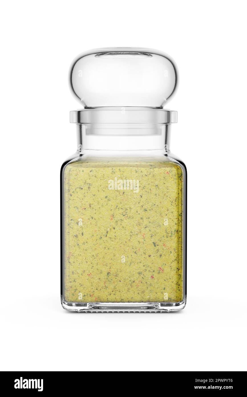 Transparent jar with chicken stock powder isolated on white background ...