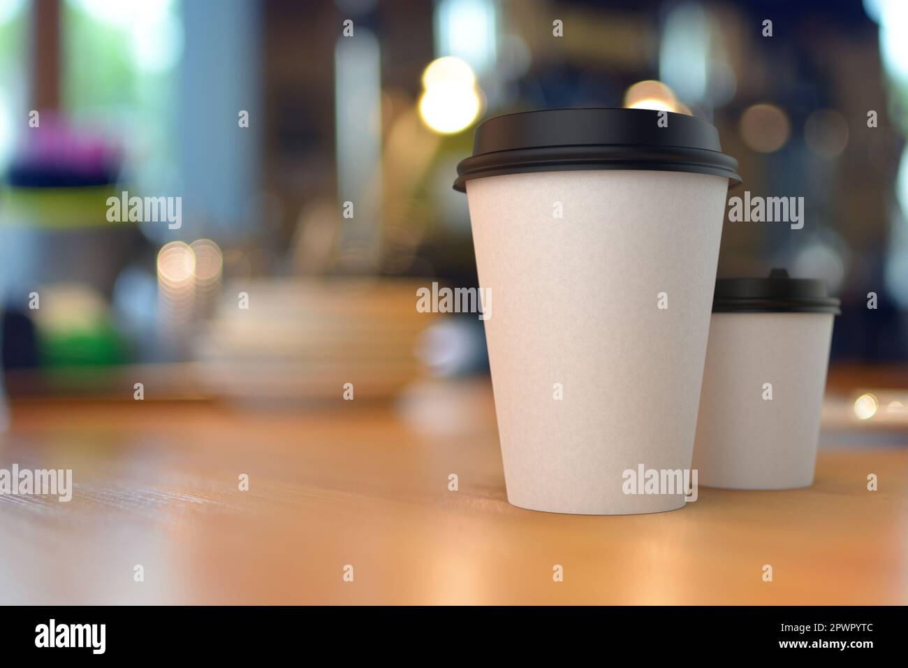 White take away paper cups on cafe table, mock up. 3D rendering and ...