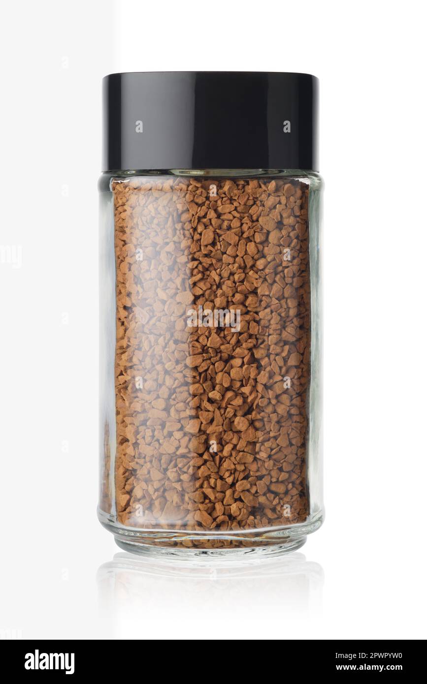 Jar of instant coffee without label isolated on white background. Front ...