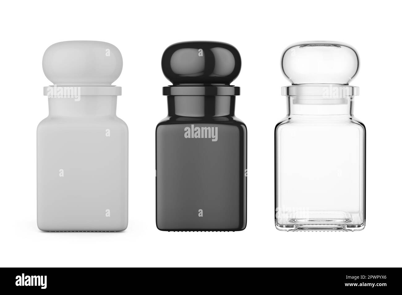 Spice containers isolated on white background. Set of white, black ...