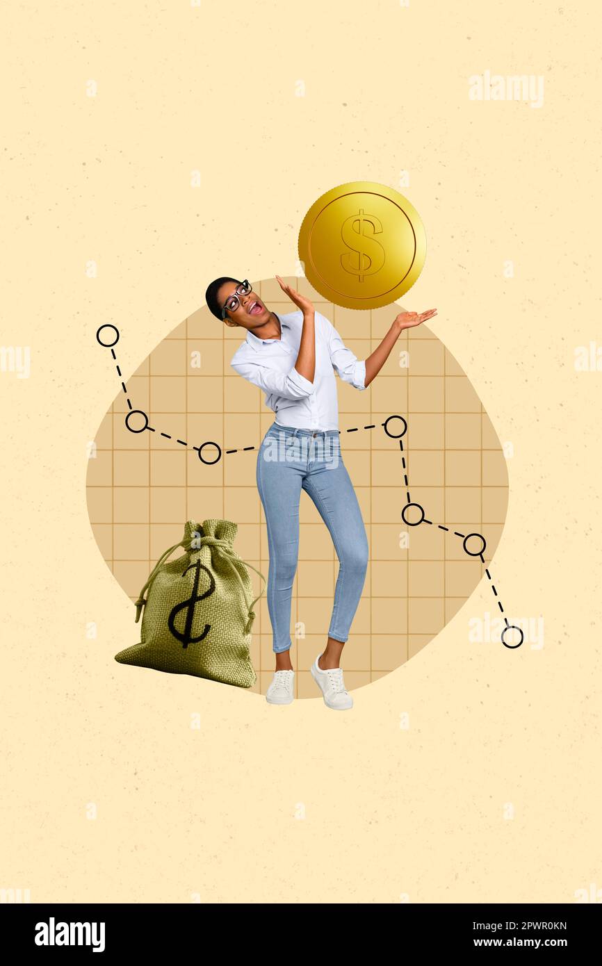 Photo collage minimal picture of impressed lady guy catching big huge ...