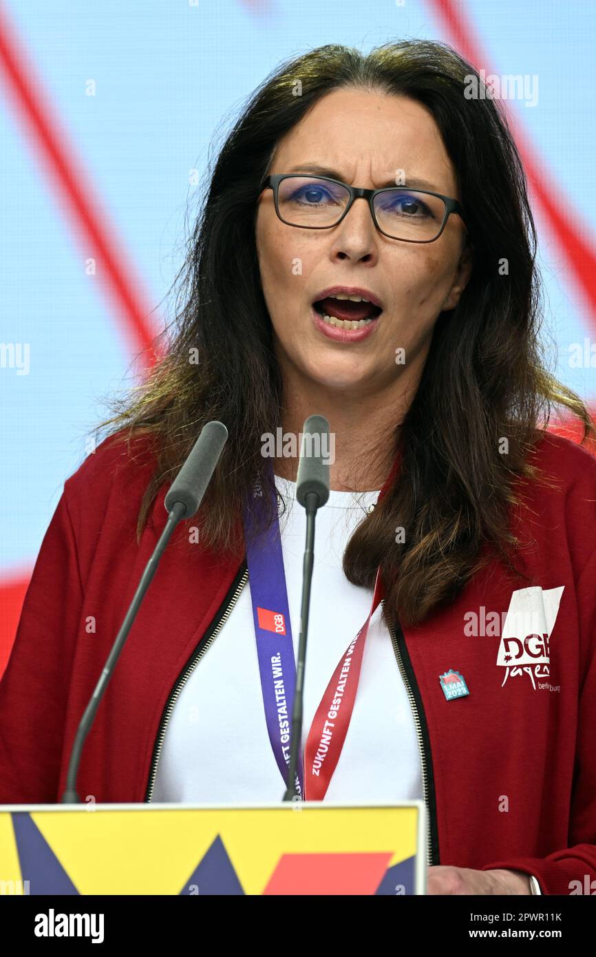 Cologne, Germany. 01st May, 2023. Yasmin Fahimi, DGB Chairwoman, speaks ...