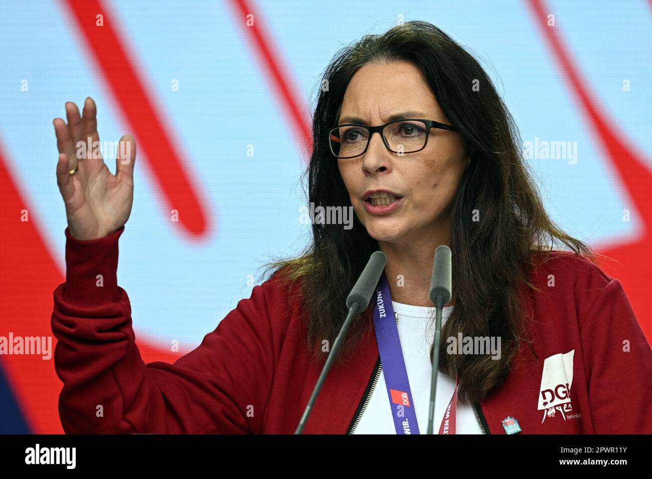 Cologne, Germany. 01st May, 2023. Yasmin Fahimi, DGB Chairwoman, speaks ...
