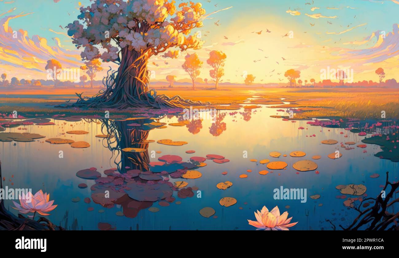 Beautiful sunrise over a field with flowing grass and a pond Stock ...